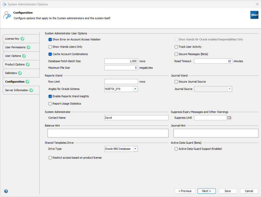 System Administrator Configuration Options – Wands for Oracle