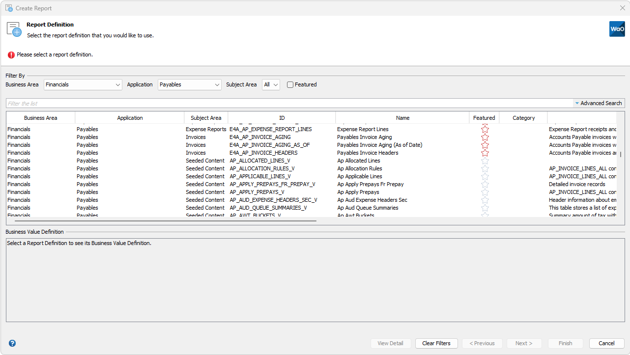 Search Report Definitions – Wands for Oracle